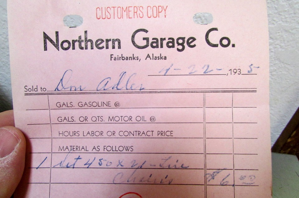 vintage 1935 Northern Garage Fairbanks Alaska parts receipt, customer ...