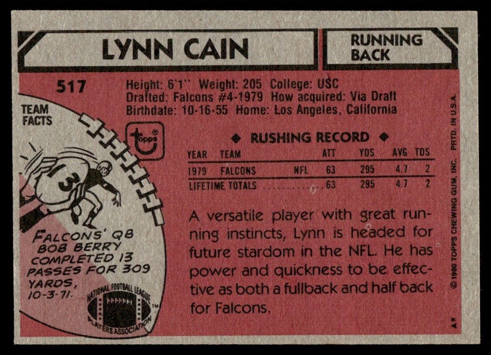 1980 Topps Lynn Cain Rookie Atlanta Falcons #517 | eBay