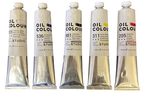 Set of 5 Artist Quality Oil Paints White Yellow Red Blue 200 ml Tube ...