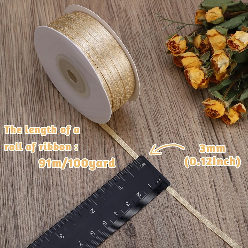 200 Yards 1/8" Gold Satin Ribbon Thin Gold Ribbon Double Faced Satin ...