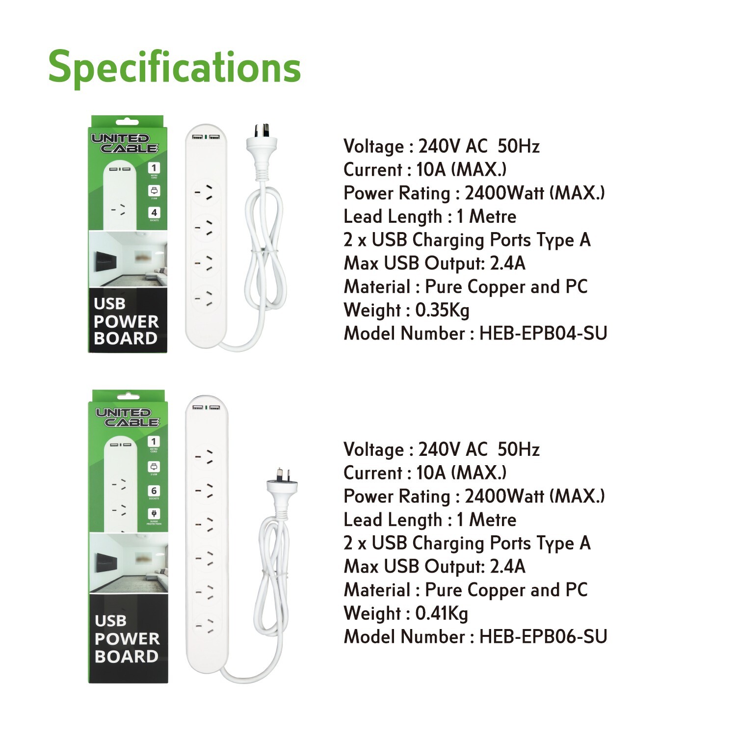 Power Board Lead Surge Protection White 10A 240V 1M 4 Outlet 2 USB-A 2 ...