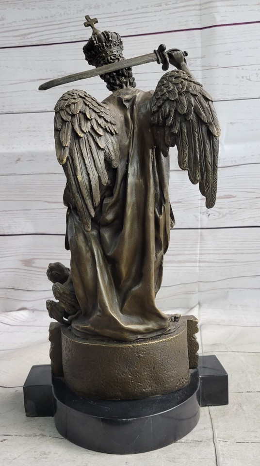 Sign Roche St Michael Slaying Lucifer Bronze Marble Base Sculpture ...