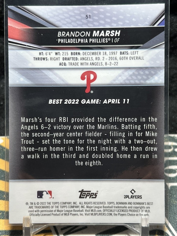 2022 Bowmans Best Brandon Marsh Rookie #51 Phillies Rc Card | eBay