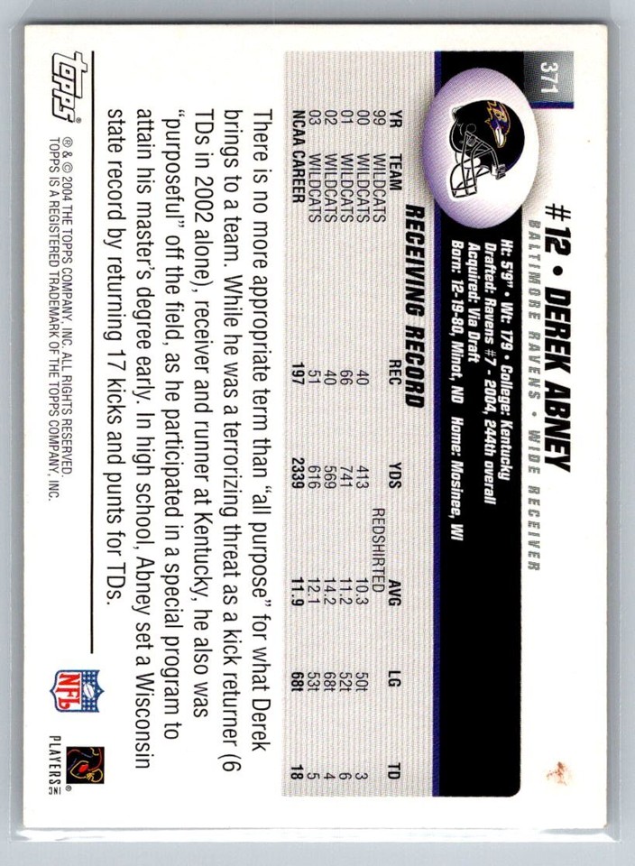 2004 Topps #371 Derek Abney Rookie RC RAVENS | eBay