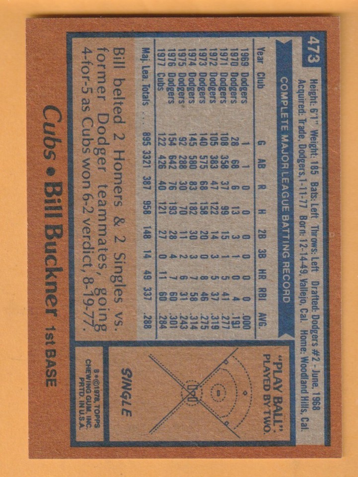 Bill Buckner Chicago Cubs 1978 Topps #473 USC Trojans | eBay