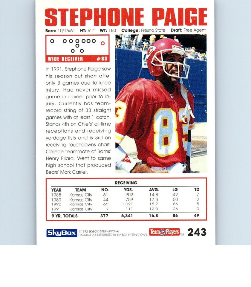 Stephone Paige 243 Chiefs 1992 Skybox Football Trading Card | eBay