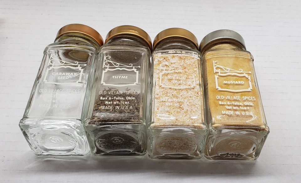 Set of 8 Old Village Spices Jars With Wood Rack Made in USA Bottle ...