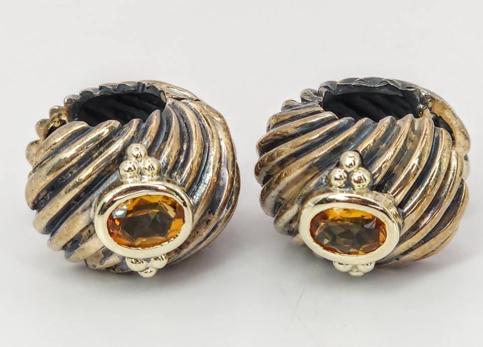 14K GOLD 925 Sterling Silver Hinged Post Earrings Yellow Orange Oval ...