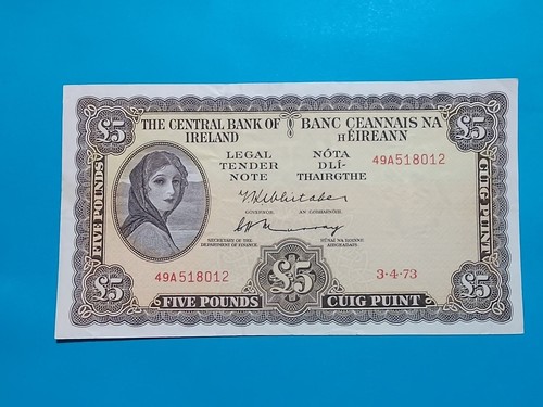 CENTRAL BANK OF IRELAND LADY LAVERY £5 49A 518012 ISSUED 3-4-73 EF ...