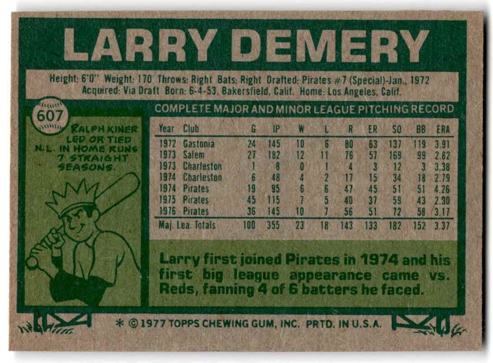 1977 Topps Larry Demery Pittsburgh Pirates #607 | eBay