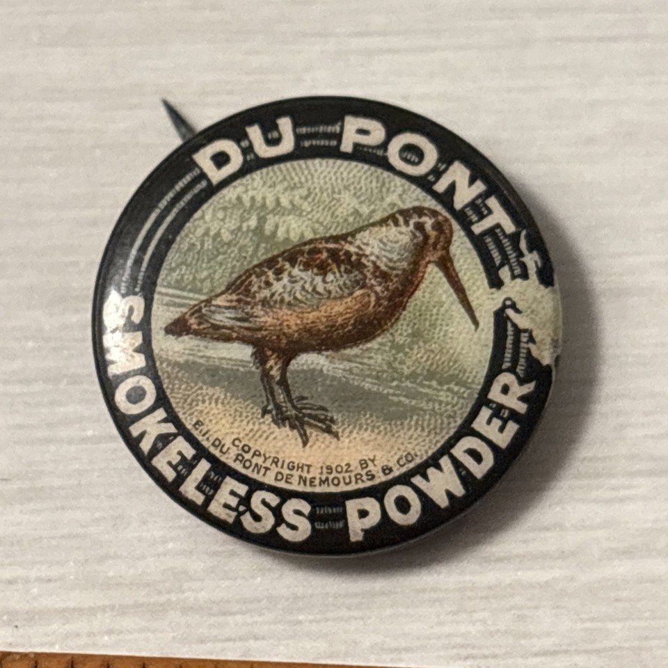 1902 DuPont Smokeless Powder Woodcock Advertising Pin Button Whitehead ...