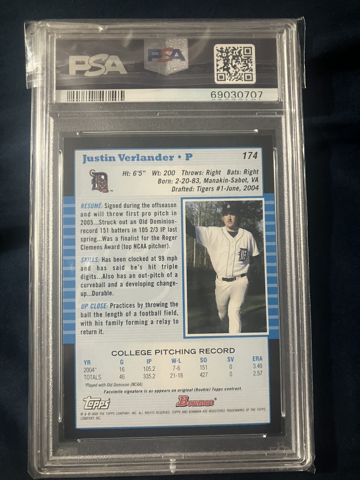 2005 Bowman #174 FIRST EDITION Justin Verlander Rookie Card RC PSA 9 ...