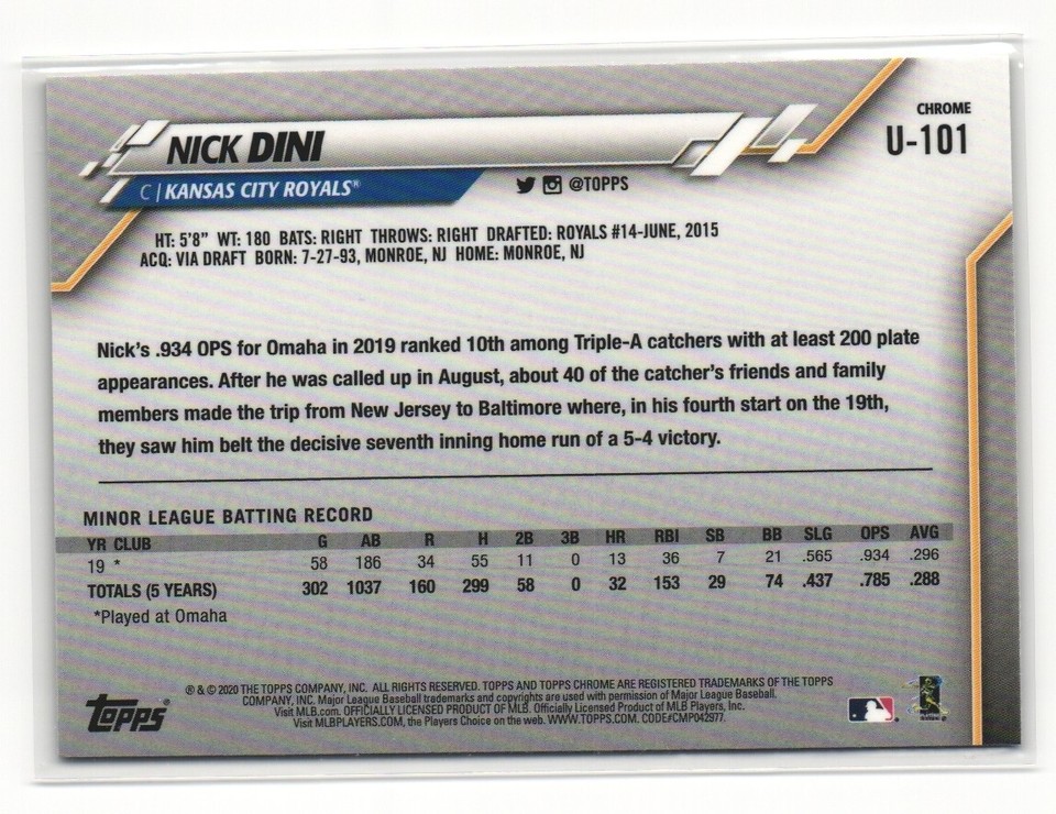 2020 Topps Update Sapphire RC Nick Dini - Kansas City Royals #U-101 | eBay