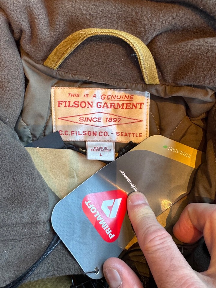 Filson TIN CLOTH PRIMALOFT JACKET DARK TAN # 20263397 Size Large NWT | eBay