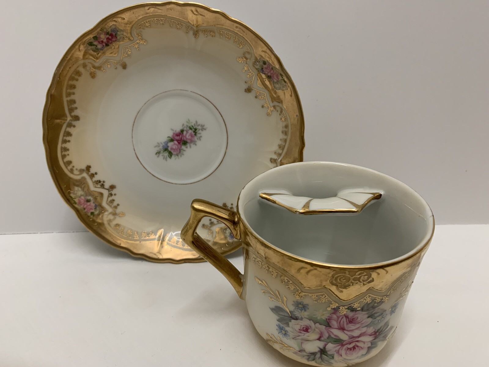 Royal Crown Hand Painted Vintage Gilded Mustache Guard Cup & Saucer 33/ ...