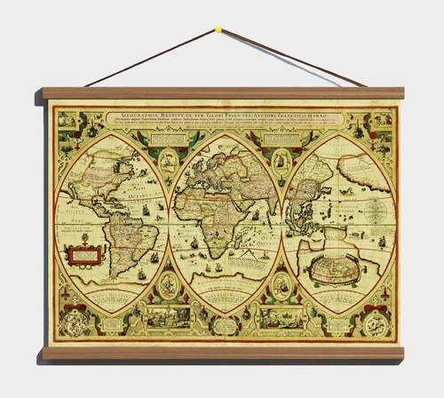 Antique 1618 Ancient Old Rare World Map As a Triptych; Canvas, Wooden ...
