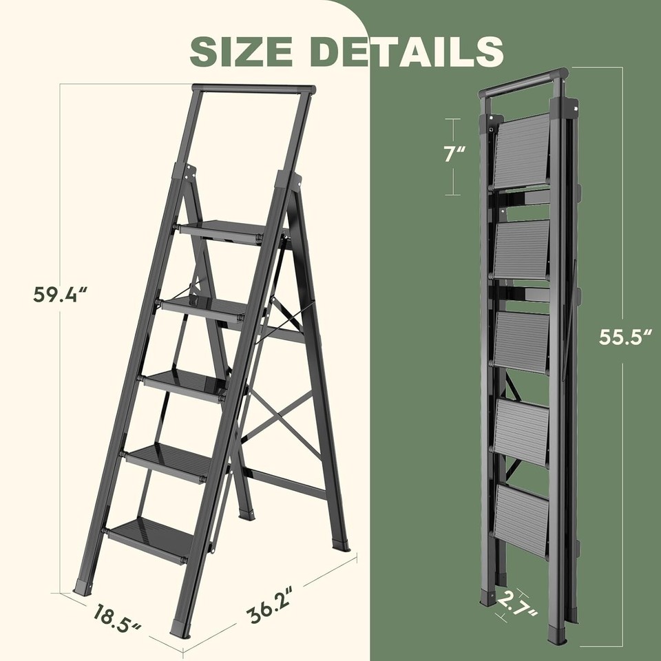 HBTower 5 Step Folding Ladder | Aluminum Lightweight Wide Pedal Step ...