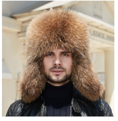 Real Fox Raccoon Fur Hat Real Sheepskin Ear flaps Cap Winter Warm ...
