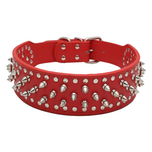 2" RED Metal Spiked Studded Leather Dog Collar Pit Bull Rivets L XL ...