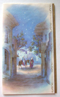 Holy family Mary Joseph travel by donkey vintage Christmas greeting ...