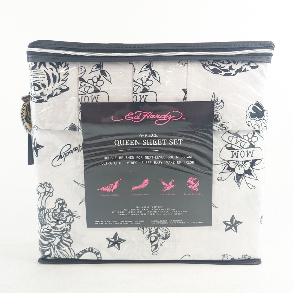 Ed Hardy White Black Queen Sheet Set 6-Piece w/ 4 Pillowcases - NEW ...