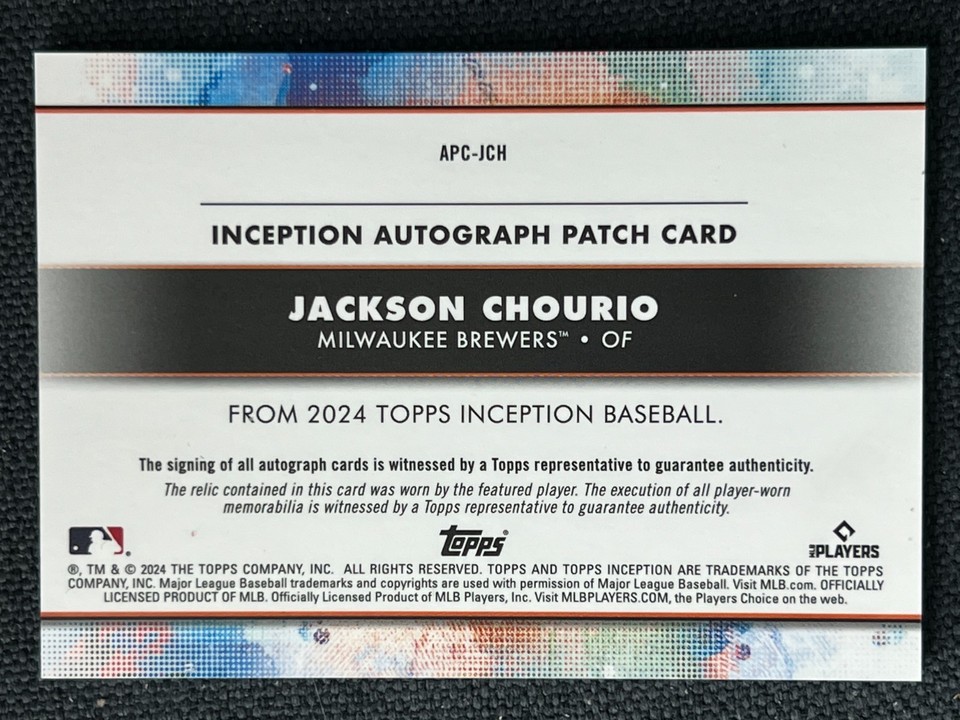 2024 Topps Inception APC-JCH Jackson Chourio RC Rookie PW Patch Auto RPA 117/200 | eBay
