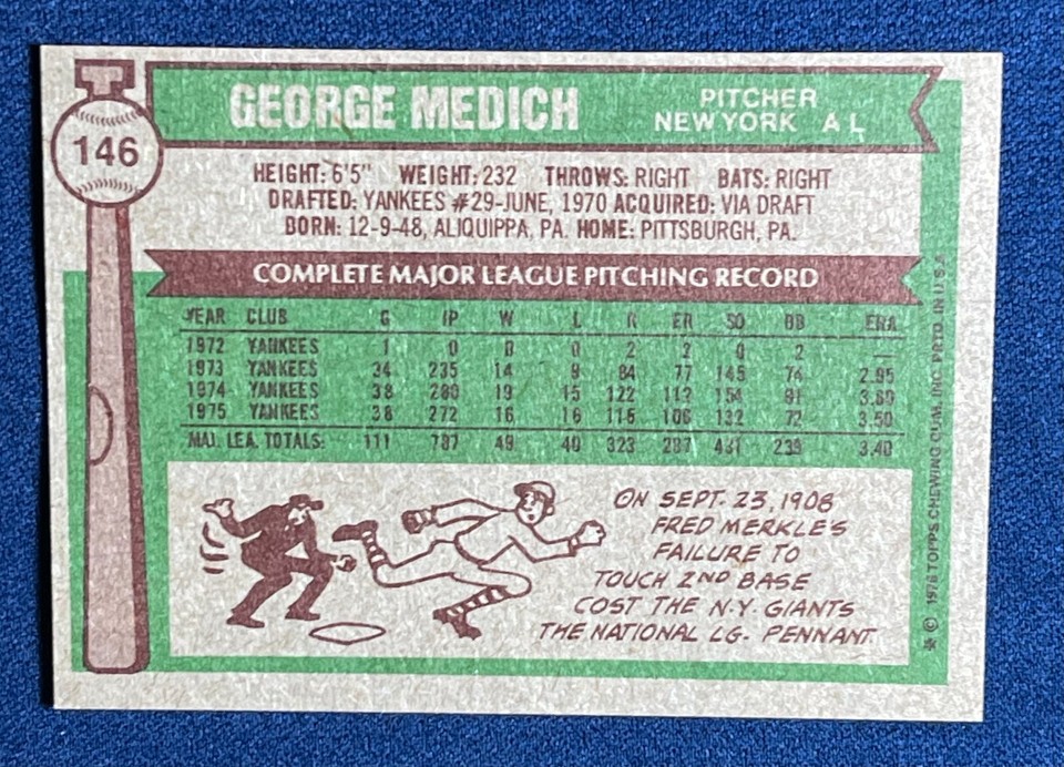 1976 TOPPS #146 GEORGE "DOC" MEDICH (NEW YORK YANKEES) BASEBALL CARD | eBay