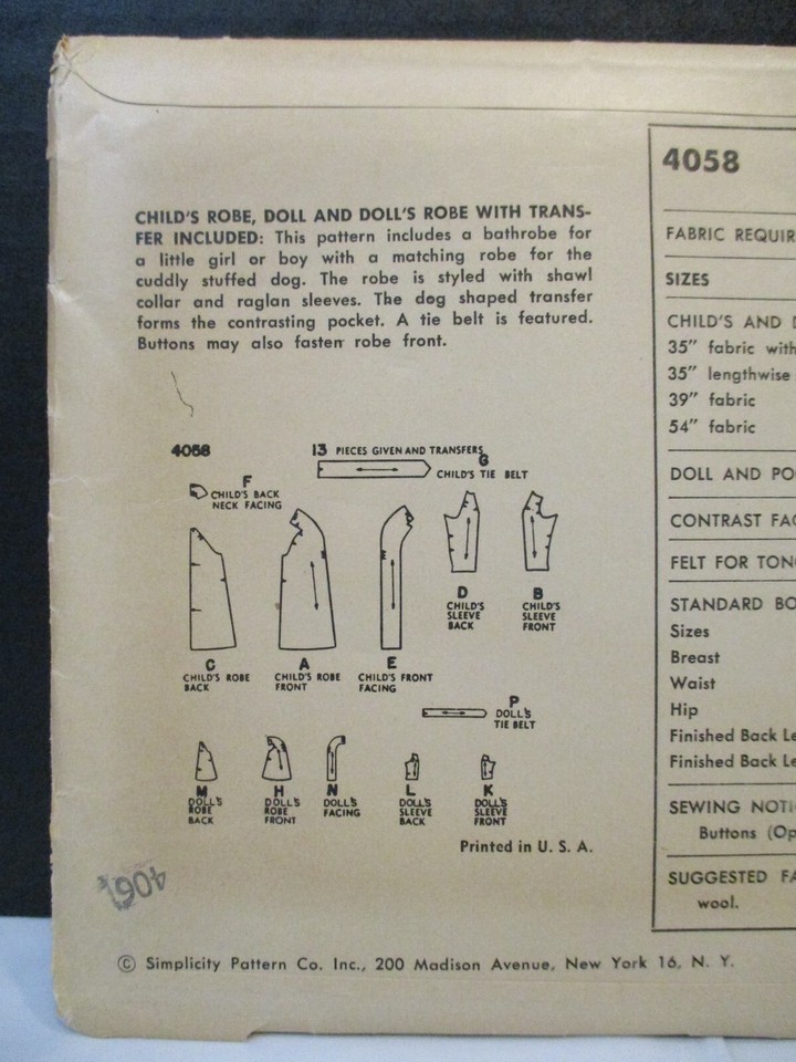 Simplicity Pattern 4058 Child Size 6 Robe Doll Doll's Robe w/Transfer ...