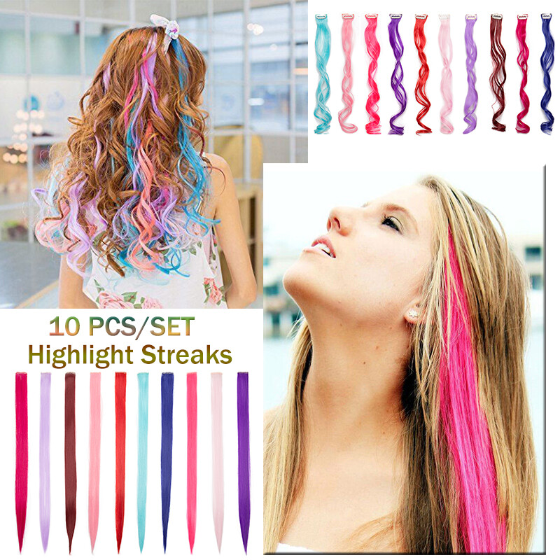 10 peices Highlight Clip In Colored Hair Extension Color Strip Straight ...