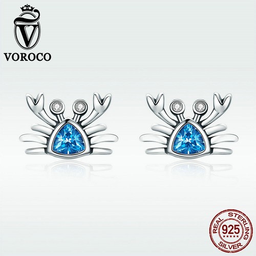 Voroco Crab 925 Sterling Silver Stud Earrings Blue CZ Fashion Women ...