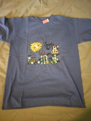 Adult Medium T-shirt Blue with Morning Glory sun bird turtle Print ...