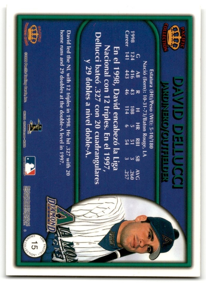 1999 PACIFIC CROWN COLLECTION DAVID DELLUCCI ARIZONA DIAMONDBACKS #15 ...