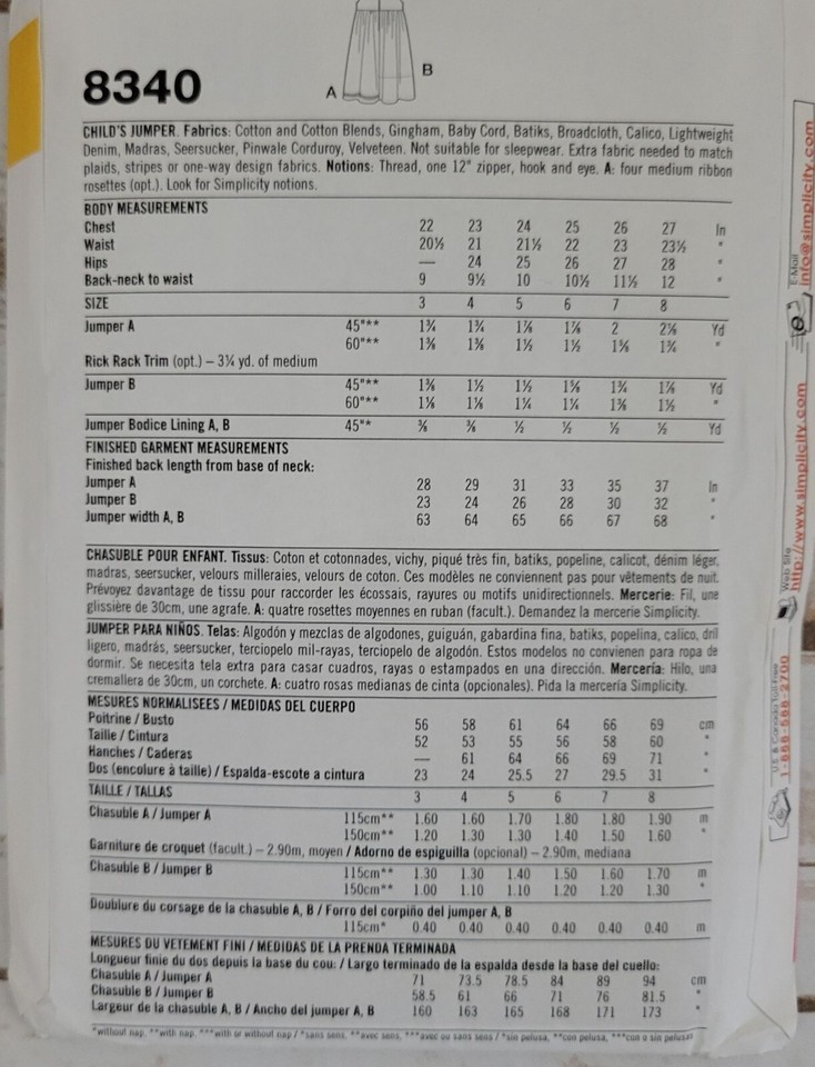 Simplicity 8340 Sewing Pattern Girls Jumper Size 3 4 5 6 7 8 Uncut ...