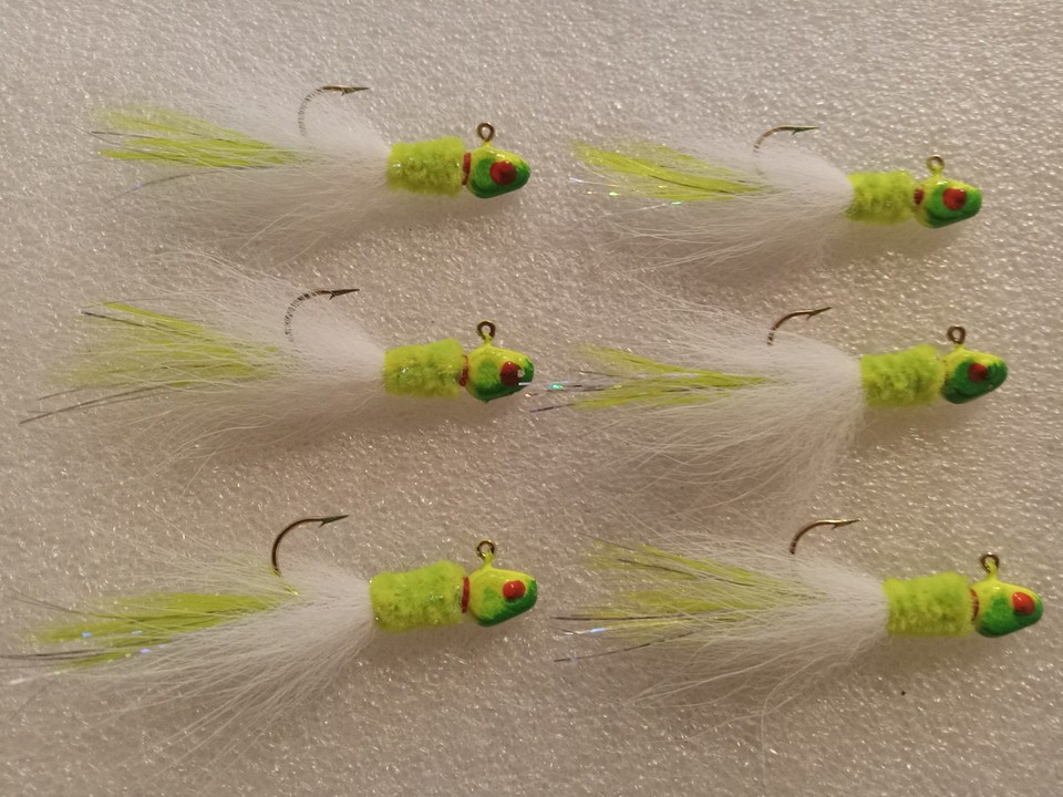 Smoo's Custom Jigs (6) 1/16 Oz. Arctic Fox Hair Jigs White/Chartreuse ...