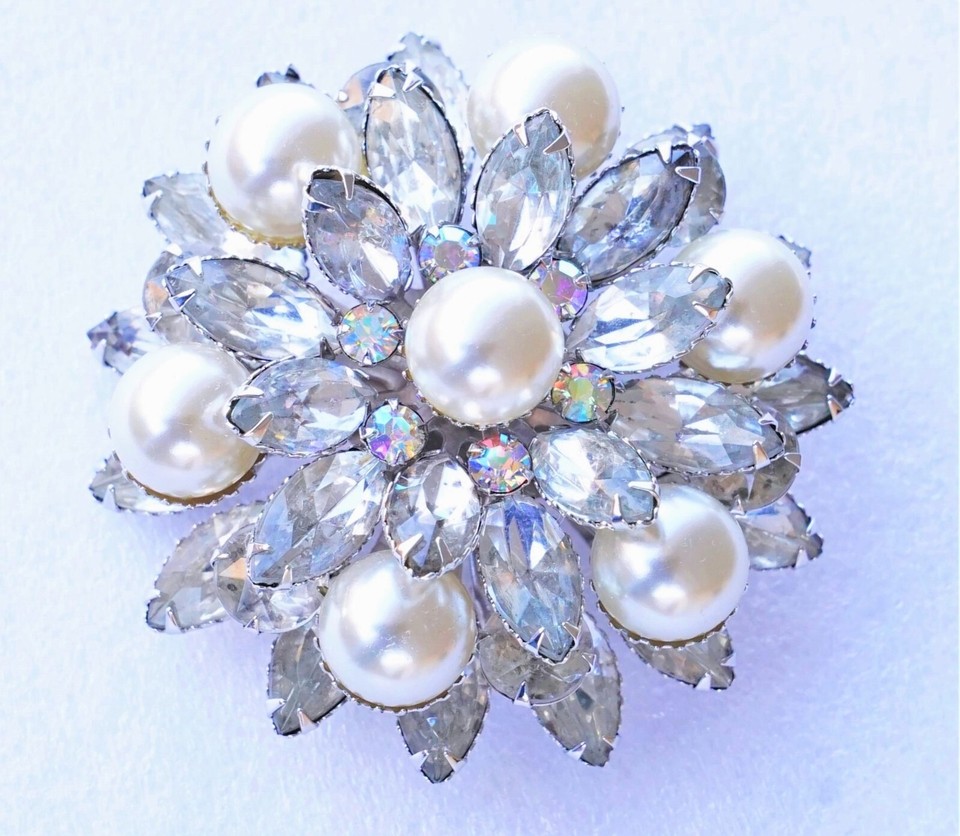 Vintage 1950s Massive Chunky Rhinestone Pearl Stacked Brooch Pin | eBay