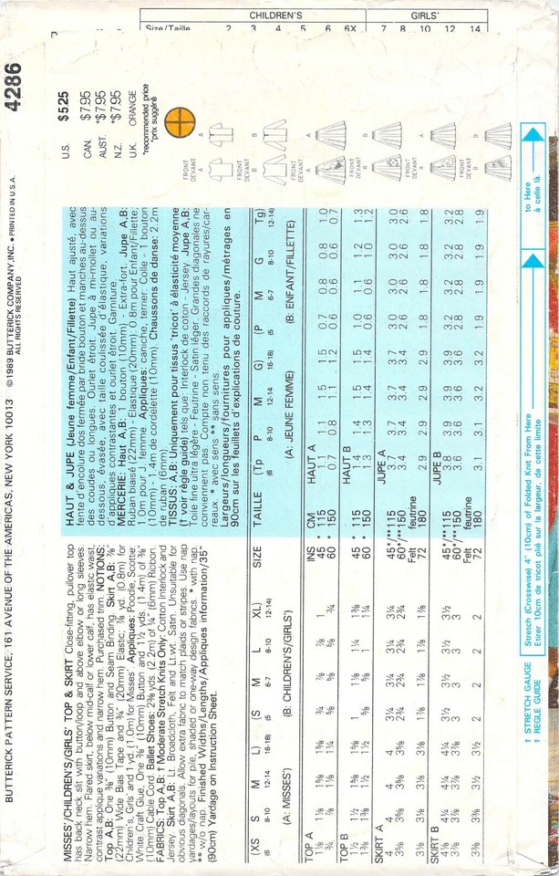 Butterick 4286 Misses'/Children's/Girls' Top & Skirt Size B (S, M, L ...