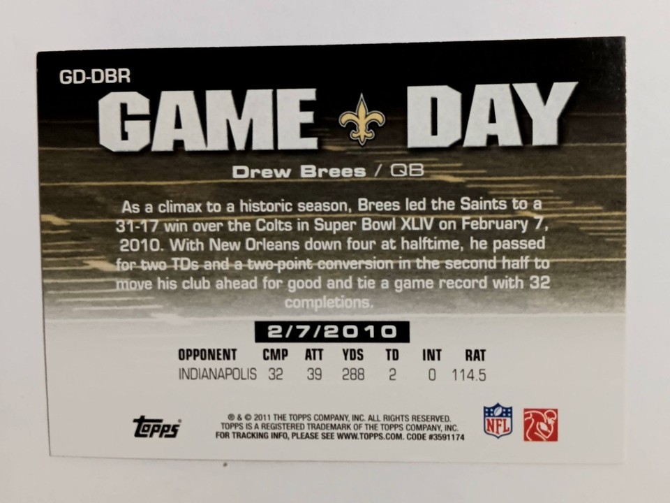 2011 Topps Game Day #GD-DBR Drew Brees New Orleans Saints/ SD Chargers ...
