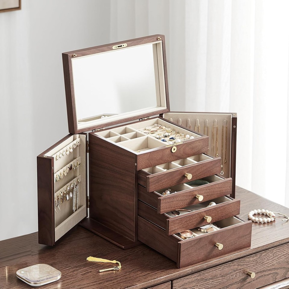 Black Walnut Wooden Jewelry Box, Wood Jewelry Organizer with 2 Side ...