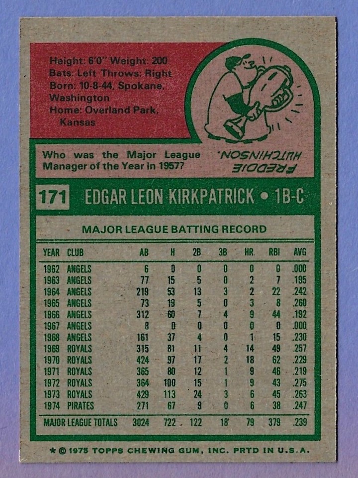 VINTAGE 1975 TOPPS BASEBALL CARD #171 ED KIRKPATRICK PIRATES NM-MINT ...