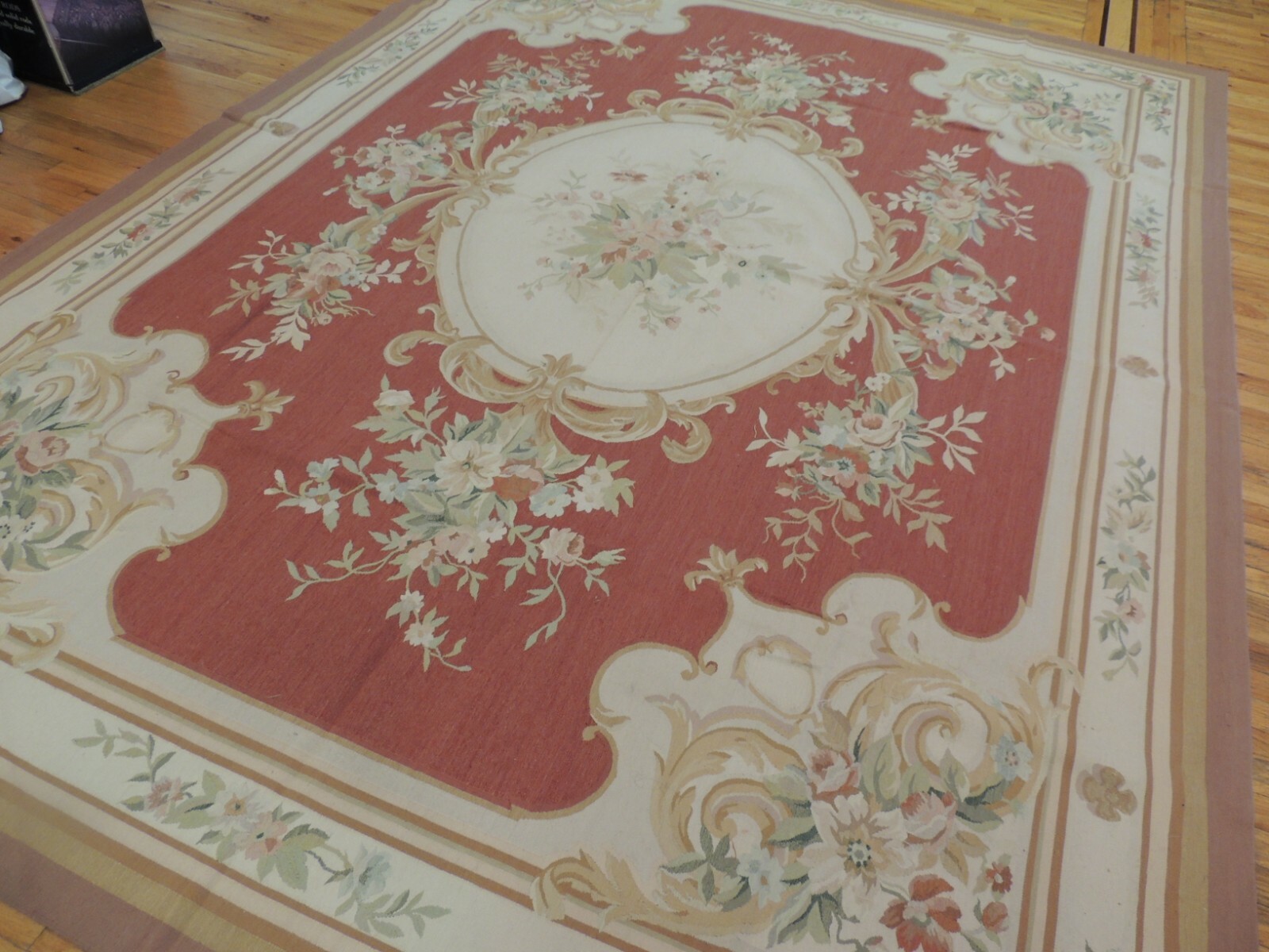 9x12 French Aubusson Area Rug Floral Beige Red Rust Medallion wool hand ...