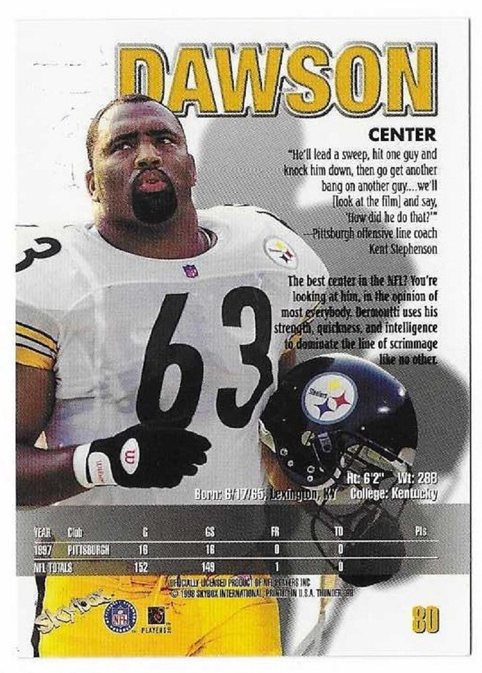 DERMONTTI DAWSON 1998 SkyBox Thunder Football # 80 Pittsburgh Steelers ...