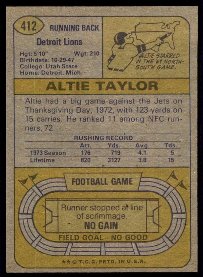 1974 Topps Altie Taylor Football Card Detroit Lions #412 | eBay