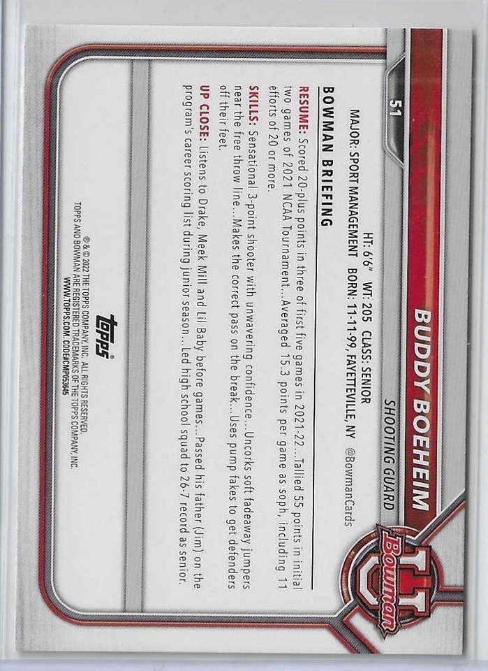 2021-22 Bowman U Basketball Buddy Boeheim 1st Bowman Rookie Card #51 RC ...