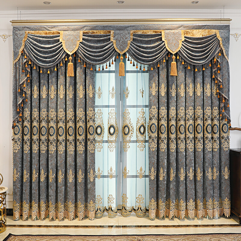 Custom thick Chenille embroidered blue cloth curtain tulle valance ...