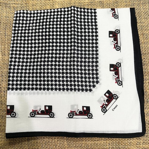 MAN HANDKERCHIEF BLACK HOUNDSTOOTH VTG CLASSIC RED CARS COTTON POCKET ...