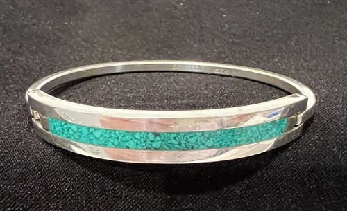 Vintage Sterling Silver & Turquoise Inlay Bracelet Bangle Mexico 6-1/2 ...