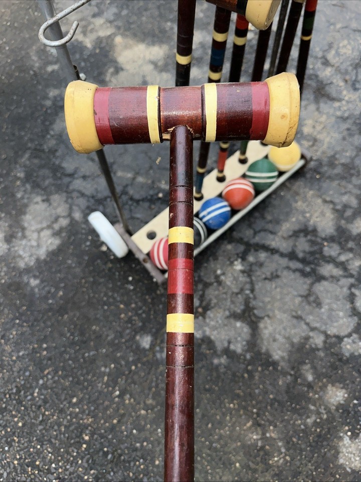 Vintage Rolling Metal Wood Croquet Set with Stand - 6 Players - Made In ...