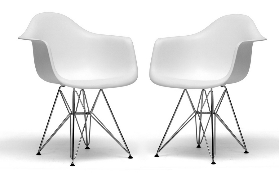 Set Of 2 White Eiffel Style Shell Dining Arm Chairs Wire Leg Steel Base ...