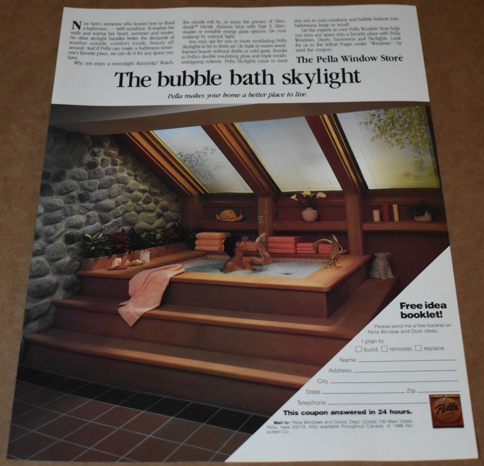 1986 Print Ad Bubble Bath Skylight Pella Window Store Lady Towel Stone ...