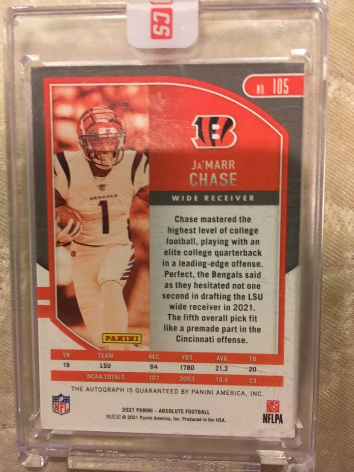 JA MARR CHASE ROOKIE CARD SERIAL #D 72/75 RED AUTO #105 2021 PANINI ...